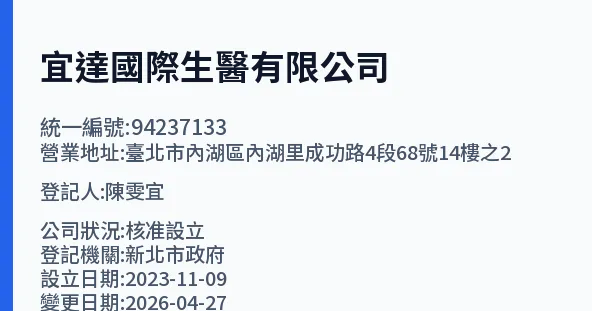 宜達國際生醫有限公司的照片-統編 94237133(臺北市) 公司登記資料與營業項目詳細圖表
