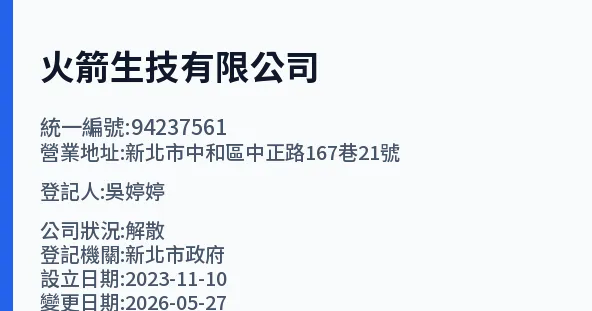 火箭生技有限公司的照片-統編 94237561(新北市) 公司登記資料與營業項目詳細圖表