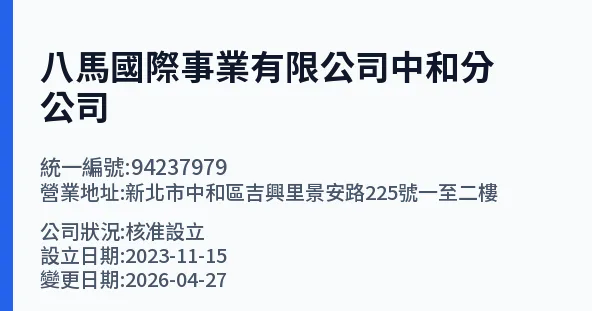 八馬國際事業有限公司中和分公司的照片-統編 94237979(新北市) 公司登記資料與營業項目詳細圖表