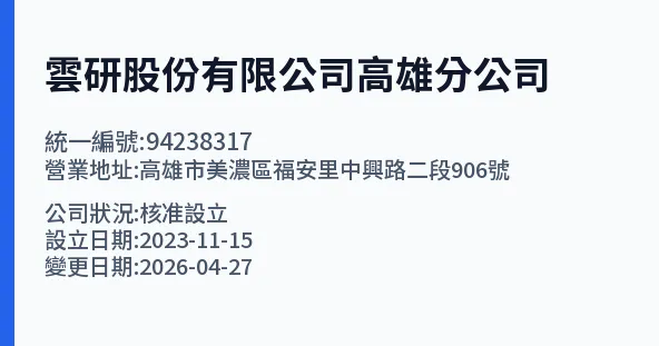 雲研股份有限公司高雄分公司的照片-統編 94238317(高雄市) 公司登記資料與營業項目詳細圖表