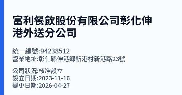 富利餐飲股份有限公司彰化伸港外送分公司的照片-統編 94238512(彰化縣) 公司登記資料與營業項目詳細圖表