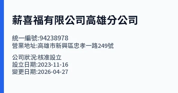 薪喜福有限公司高雄分公司的照片-統編 94238978(高雄市) 公司登記資料與營業項目詳細圖表