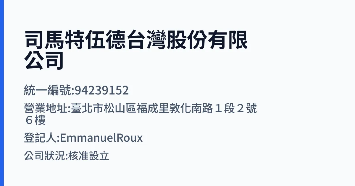 司馬特伍德台灣股份有限公司 - 統編 94239152(臺北市) 公司登記資料與營業項目詳細圖表