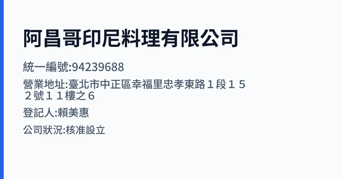 阿昌哥印尼料理有限公司 - 統編 94239688(臺北市) 公司登記資料與營業項目詳細圖表
