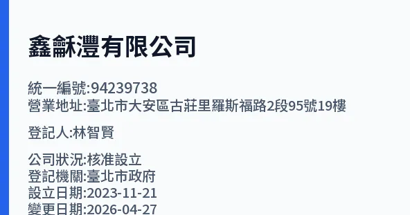 鑫龢灃有限公司的照片-統編 94239738(臺北市) 公司登記資料與營業項目詳細圖表