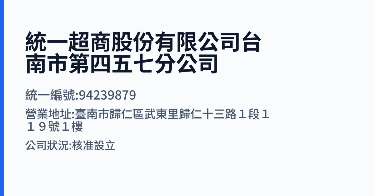 統一超商股份有限公司台南市第四五七分公司 - 統編 94239879(臺南市) 公司登記資料與營業項目詳細圖表