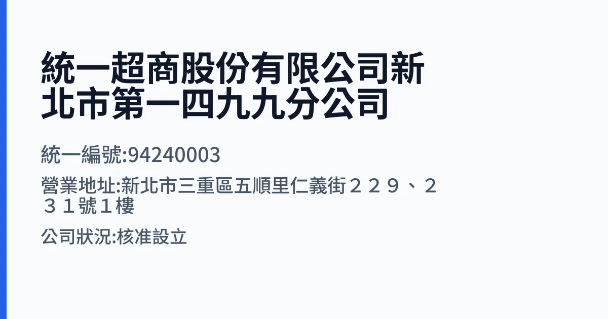 統一超商股份有限公司新北市第一四九九分公司 - 統編 94240003(新北市) 公司登記資料與營業項目詳細圖表