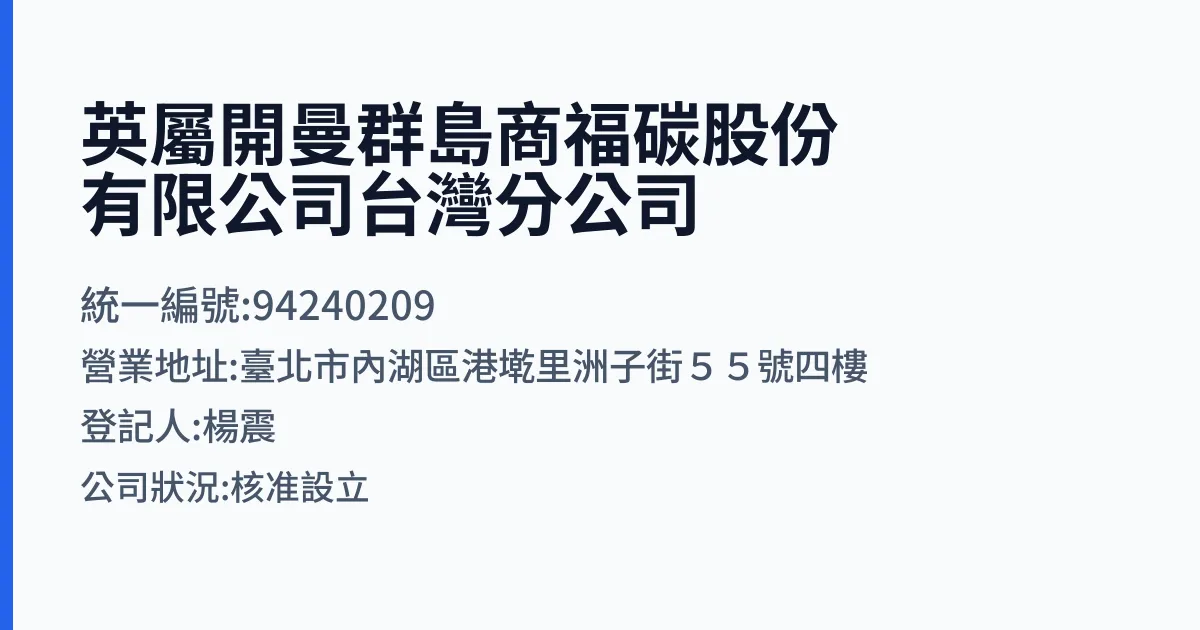 英屬開曼群島商福碳股份有限公司台灣分公司 - 統編 94240209(臺北市) 公司登記資料與營業項目詳細圖表