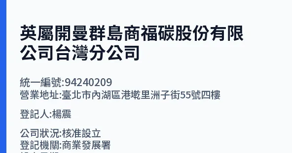 英屬開曼群島商福碳股份有限公司台灣分公司的照片-統編 94240209(臺北市) 公司登記資料與營業項目詳細圖表