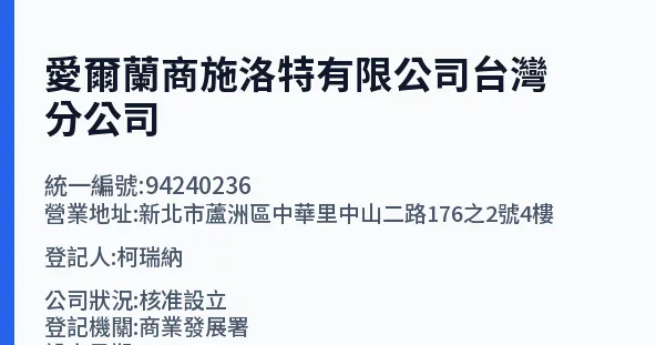 愛爾蘭商施洛特有限公司台灣分公司的照片-統編 94240236(新北市) 公司登記資料與營業項目詳細圖表