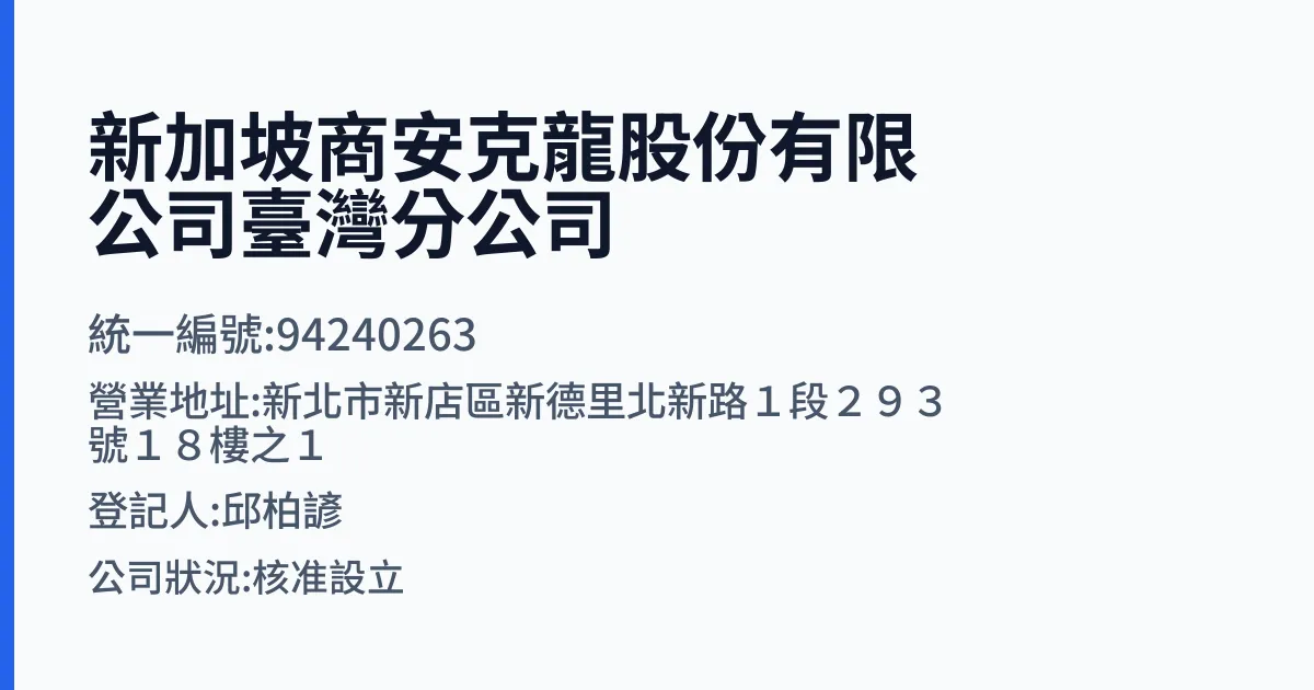 新加坡商安克龍股份有限公司臺灣分公司 - 統編 94240263(新北市) 公司登記資料與營業項目詳細圖表