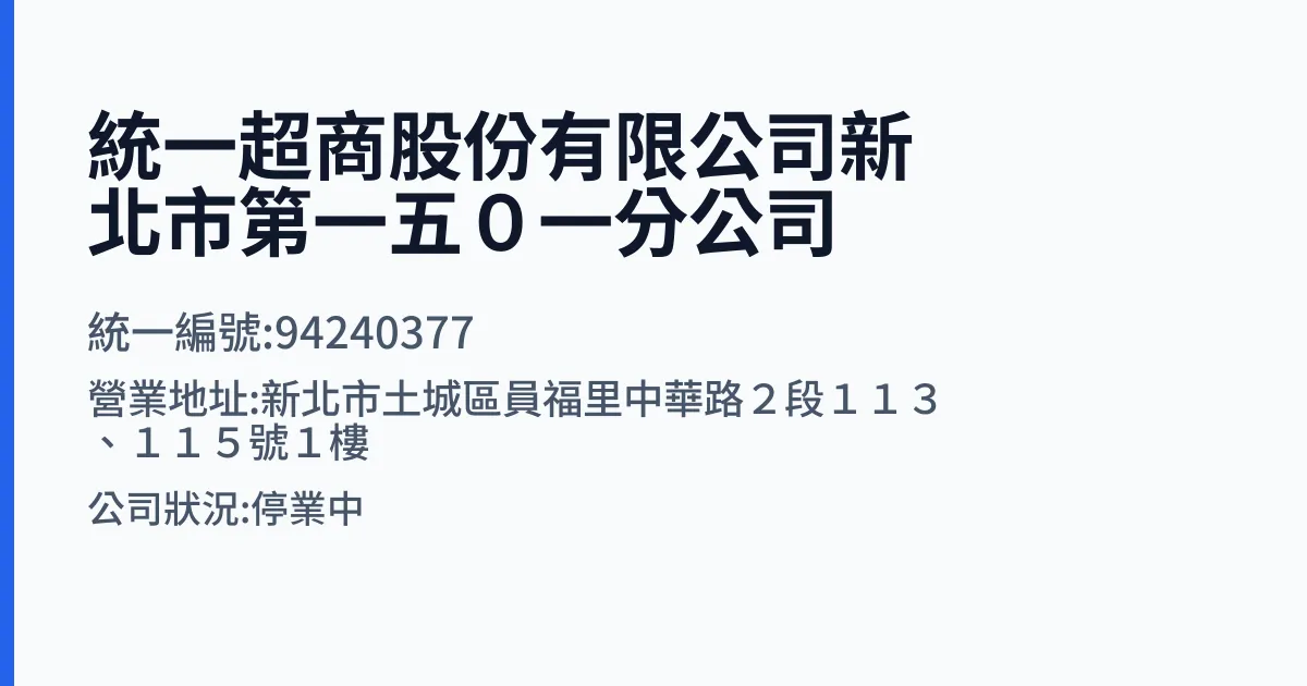 統一超商股份有限公司新北市第一五０一分公司 - 統編 94240377(新北市) 公司登記資料與營業項目詳細圖表