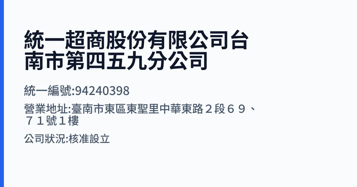 統一超商股份有限公司台南市第四五九分公司 - 統編 94240398(臺南市) 公司登記資料與營業項目詳細圖表