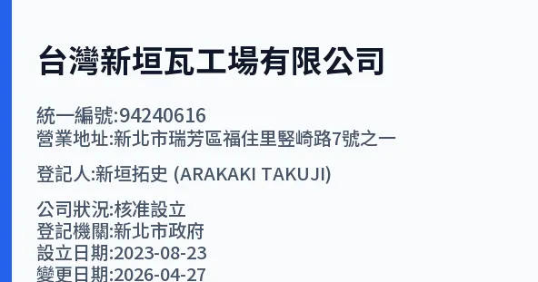 台灣新垣瓦工場有限公司的照片-統編 94240616(新北市) 公司登記資料與營業項目詳細圖表