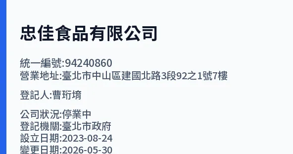 忠佳食品有限公司的照片-統編 94240860(臺北市) 公司登記資料與營業項目詳細圖表