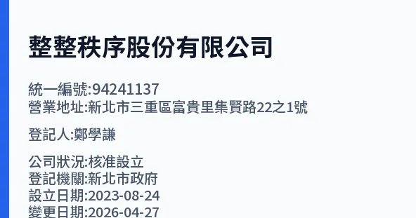 整整秩序股份有限公司的照片-統編 94241137(新北市) 公司登記資料與營業項目詳細圖表