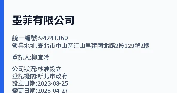 墨菲有限公司的照片-統編 94241360(臺北市) 公司登記資料與營業項目詳細圖表