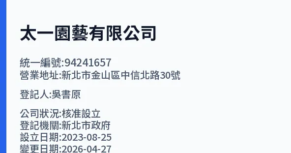 太一園藝有限公司的照片-統編 94241657(新北市) 公司登記資料與營業項目詳細圖表