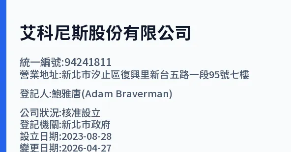 艾科尼斯股份有限公司的照片-統編 94241811(新北市) 公司登記資料與營業項目詳細圖表