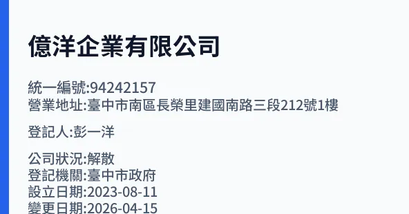 億洋企業有限公司的照片-統編 94242157(臺中市) 公司登記資料與營業項目詳細圖表