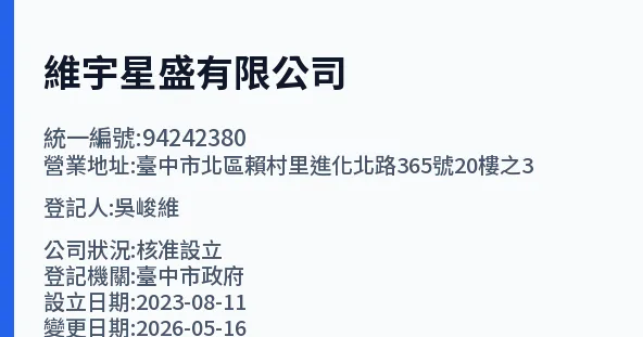 維宇星盛有限公司的照片-統編 94242380(臺中市) 公司登記資料與營業項目詳細圖表