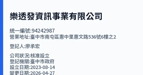 樂透發資訊事業有限公司的照片-統編 94242987(臺中市) 公司登記資料與營業項目詳細圖表