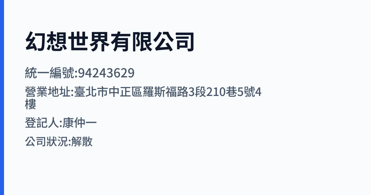 幻想世界有限公司 - 統編 94243629(臺北市) 公司登記資料與營業項目詳細圖表