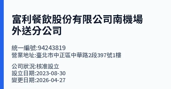 富利餐飲股份有限公司南機場外送分公司的照片-統編 94243819(臺北市) 公司登記資料與營業項目詳細圖表