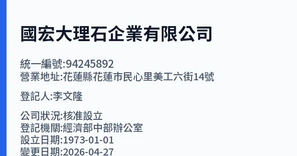 國宏大理石企業有限公司的照片-統編 94245892(花蓮縣) 公司登記資料與營業項目詳細圖表