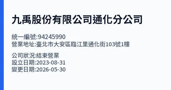 九禹股份有限公司通化分公司的照片-統編 94245990(臺北市) 公司登記資料與營業項目詳細圖表