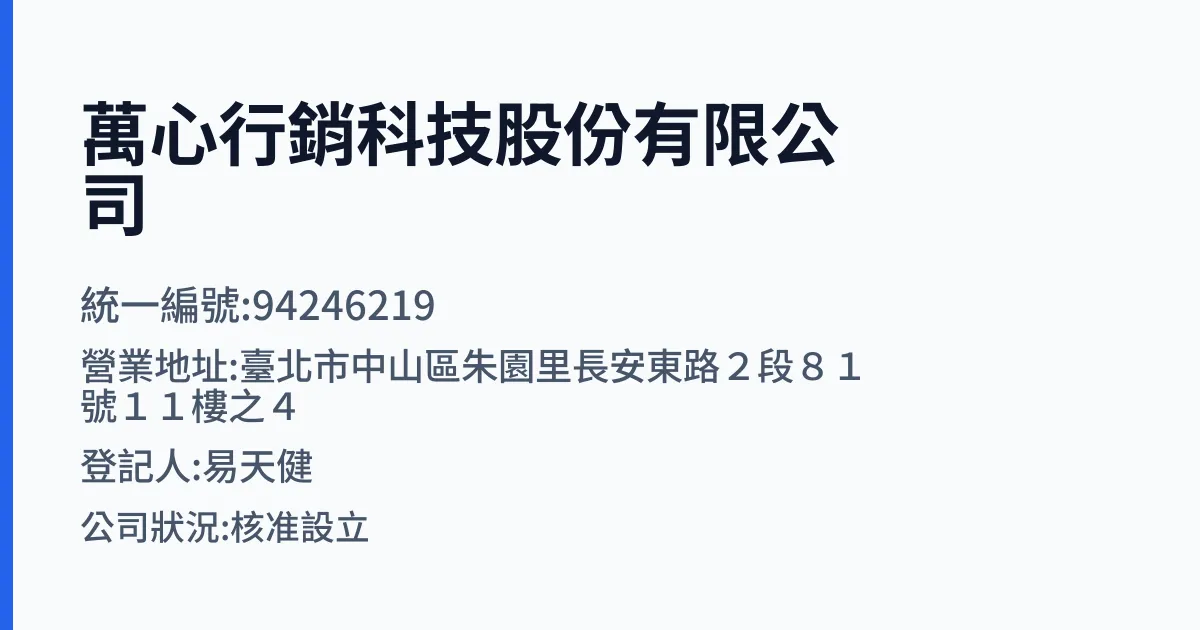 萬心行銷科技股份有限公司 - 統編 94246219(臺北市) 公司登記資料與營業項目詳細圖表