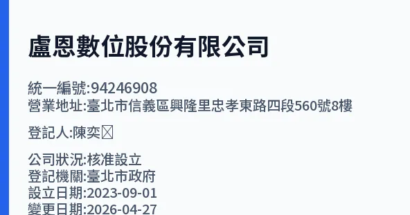 盧恩數位股份有限公司的照片-統編 94246908(臺北市) 公司登記資料與營業項目詳細圖表