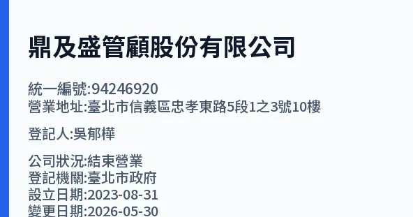 鼎及盛管顧股份有限公司的照片-統編 94246920(臺北市) 公司登記資料與營業項目詳細圖表