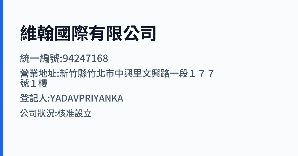 維翰國際有限公司 - 統編 94247168(新竹縣) 公司登記資料與營業項目詳細圖表