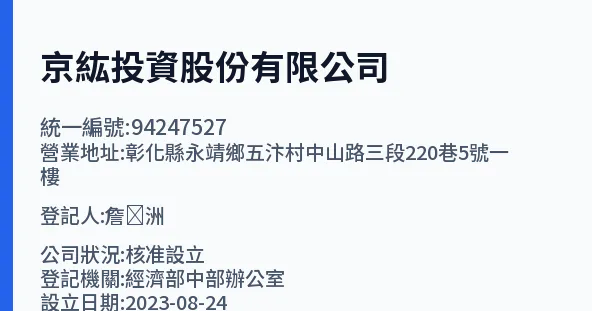 京紘投資股份有限公司的照片-統編 94247527(彰化縣) 公司登記資料與營業項目詳細圖表