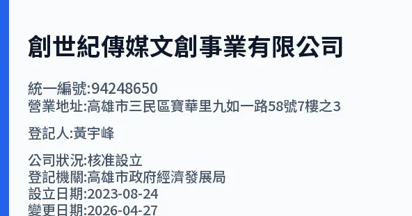 創世紀傳媒文創事業有限公司的照片-統編 94248650(高雄市) 公司登記資料與營業項目詳細圖表