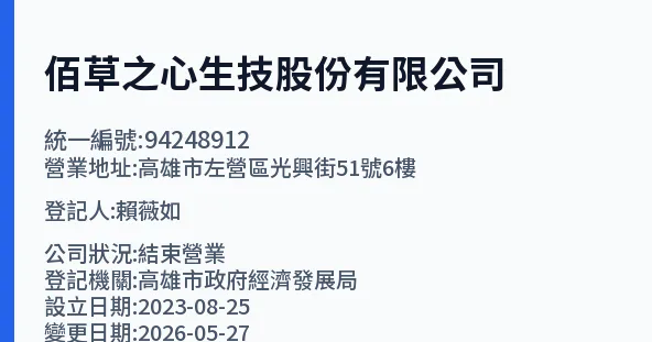 佰草之心生技股份有限公司的照片-統編 94248912(高雄市) 公司登記資料與營業項目詳細圖表
