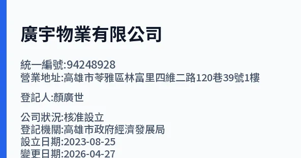 廣宇物業有限公司的照片-統編 94248928(高雄市) 公司登記資料與營業項目詳細圖表