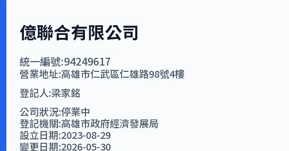 億聯合有限公司的照片-統編 94249617(高雄市) 公司登記資料與營業項目詳細圖表
