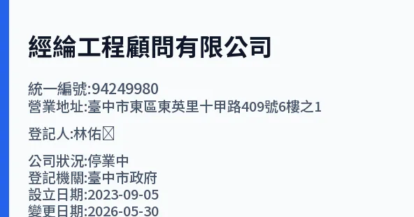 經綸工程顧問有限公司的照片-統編 94249980(臺中市) 公司登記資料與營業項目詳細圖表