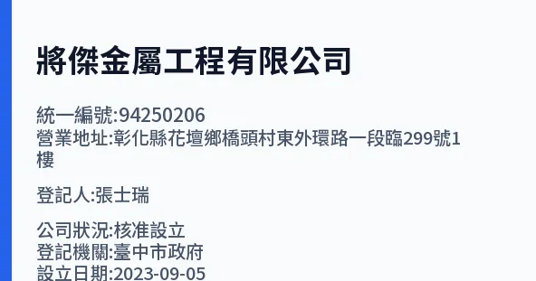 將傑金屬工程有限公司的照片-統編 94250206(彰化縣) 公司登記資料與營業項目詳細圖表