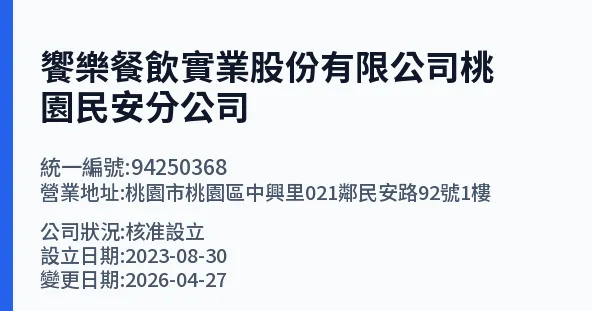 饗樂餐飲實業股份有限公司桃園民安分公司的照片-統編 94250368(桃園市) 公司登記資料與營業項目詳細圖表