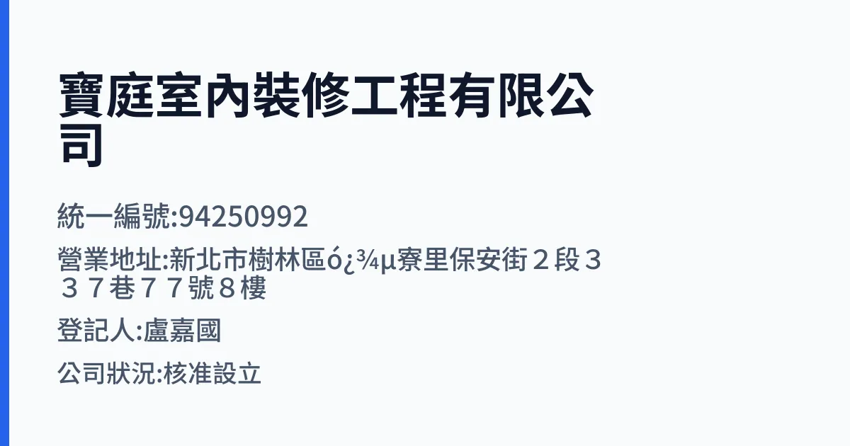 寶庭室內裝修工程有限公司 - 統編 94250992(新北市) 公司登記資料與營業項目詳細圖表