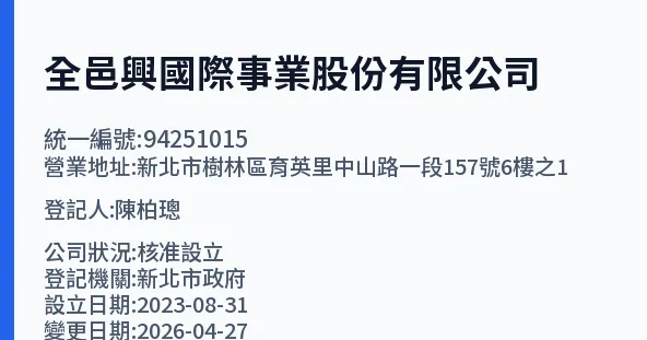 全邑興國際事業股份有限公司的照片-統編 94251015(新北市) 公司登記資料與營業項目詳細圖表