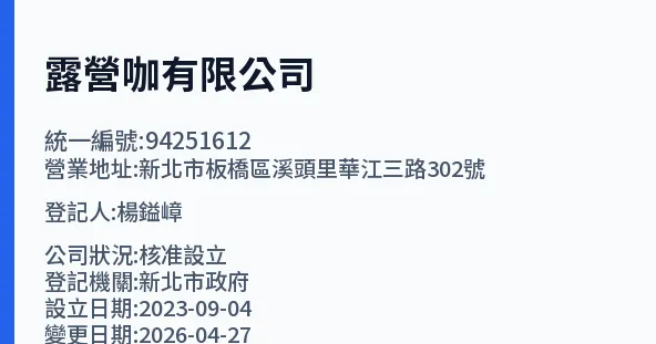 露營咖有限公司的照片-統編 94251612(新北市) 公司登記資料與營業項目詳細圖表