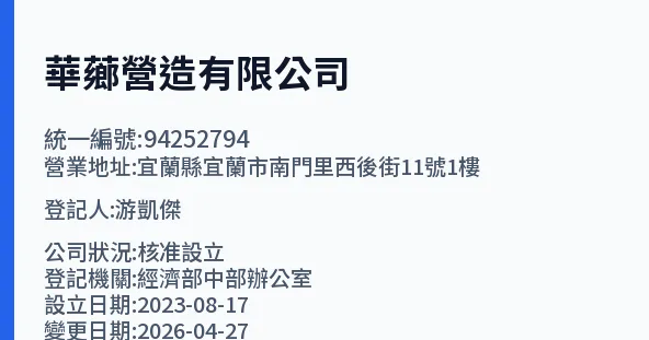 華薌營造有限公司的照片-統編 94252794(宜蘭縣) 公司登記資料與營業項目詳細圖表