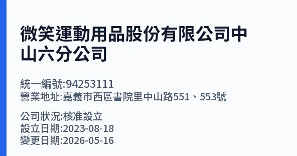 微笑運動用品股份有限公司中山六分公司的照片-統編 94253111(嘉義市) 公司登記資料與營業項目詳細圖表