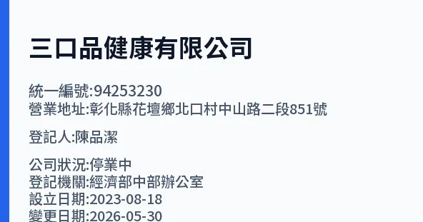 三口品健康有限公司的照片-統編 94253230(彰化縣) 公司登記資料與營業項目詳細圖表