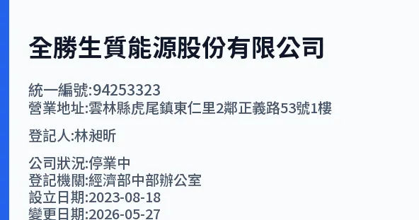 全勝生質能源股份有限公司的照片-統編 94253323(雲林縣) 公司登記資料與營業項目詳細圖表