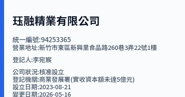 珏融精業有限公司的照片-統編 94253365(新竹市) 公司登記資料與營業項目詳細圖表